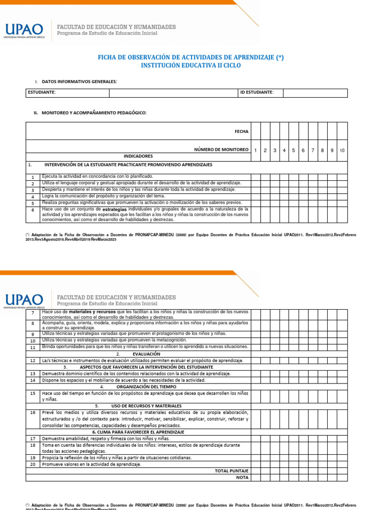 Ficha de Observación de Actividades de Aprendizaje | PDF | Aprendizaje | Enseñando