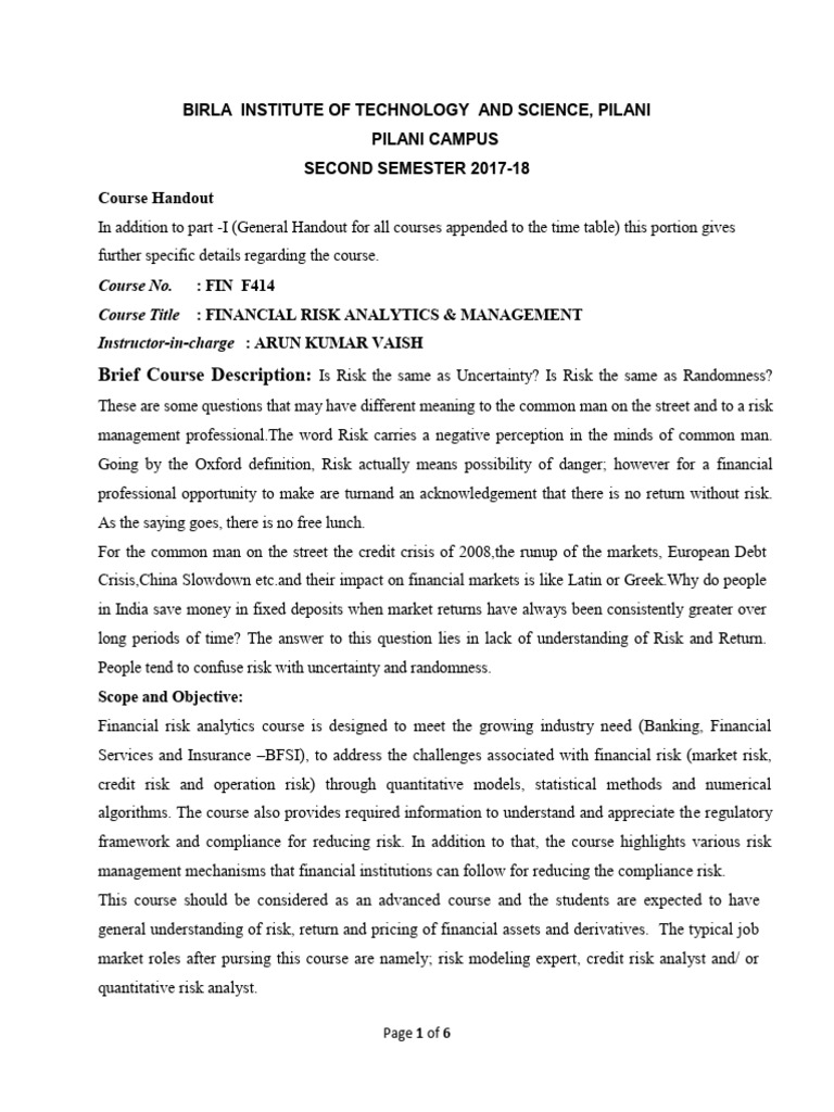 Financial Risk Analytics Course | PDF | Value At Risk | Option (Finance)