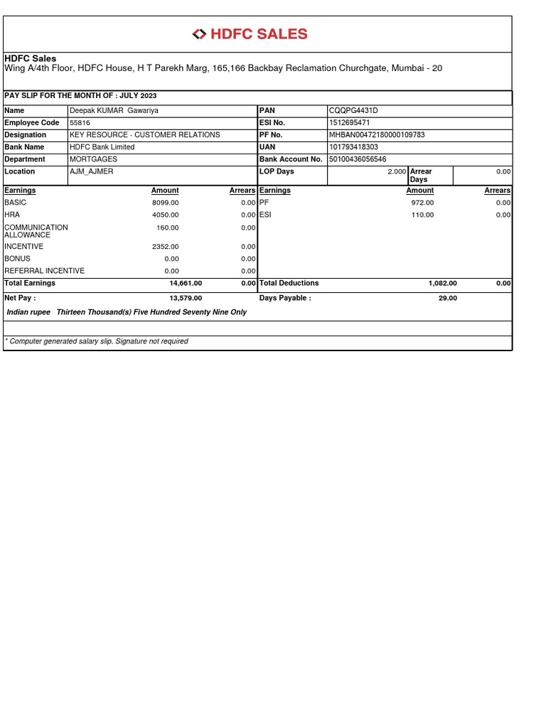 Wing A/4th Floor, HDFC House, H T Parekh Marg, 165,166 Backbay ...