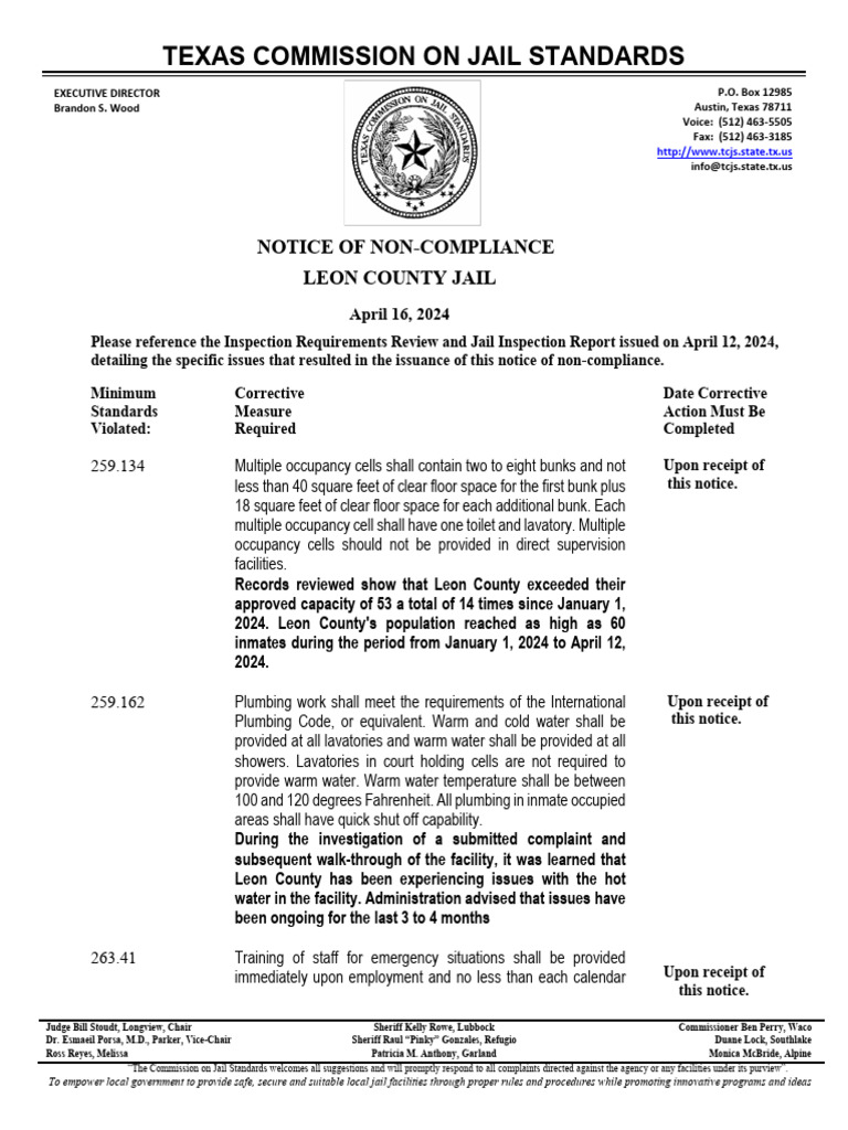 Leon County Jail Non-Compliance Notice | PDF | Prison | Prisoner