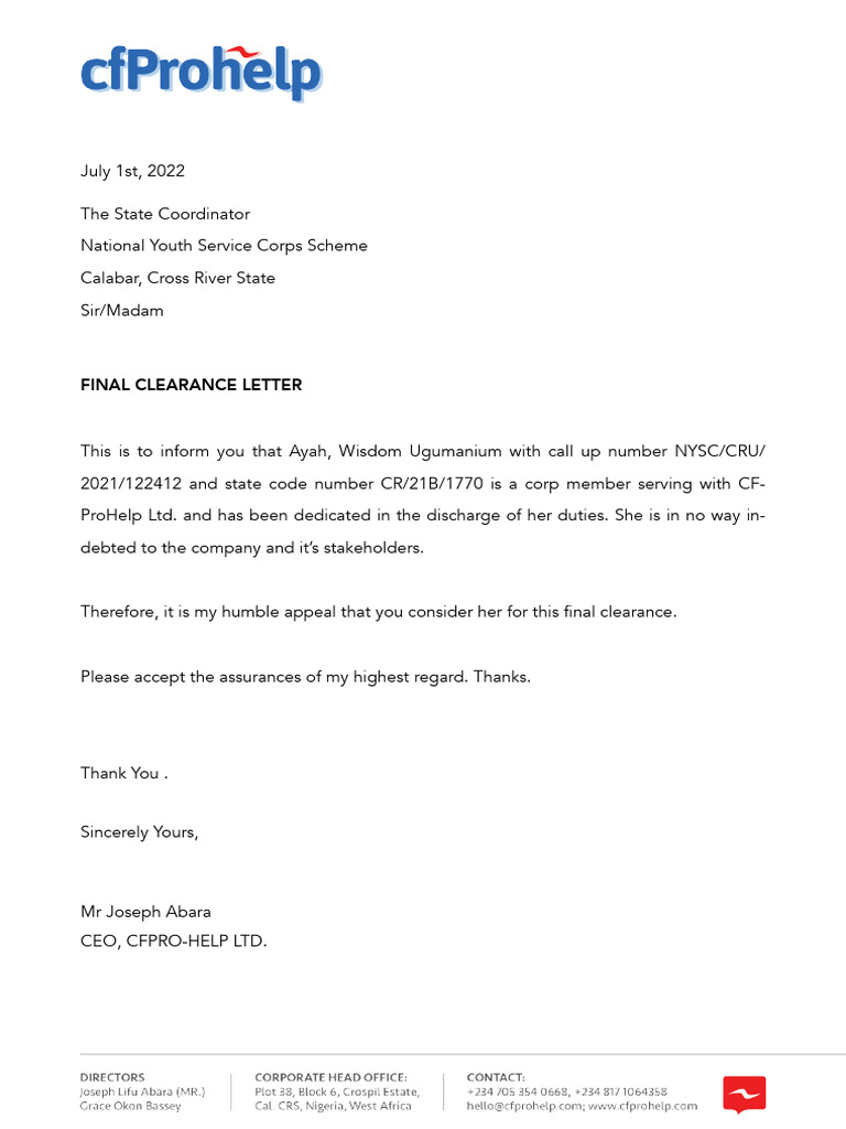 Final Clearance Letter for NYSC Corp Member | PDF | Business | Finance ...