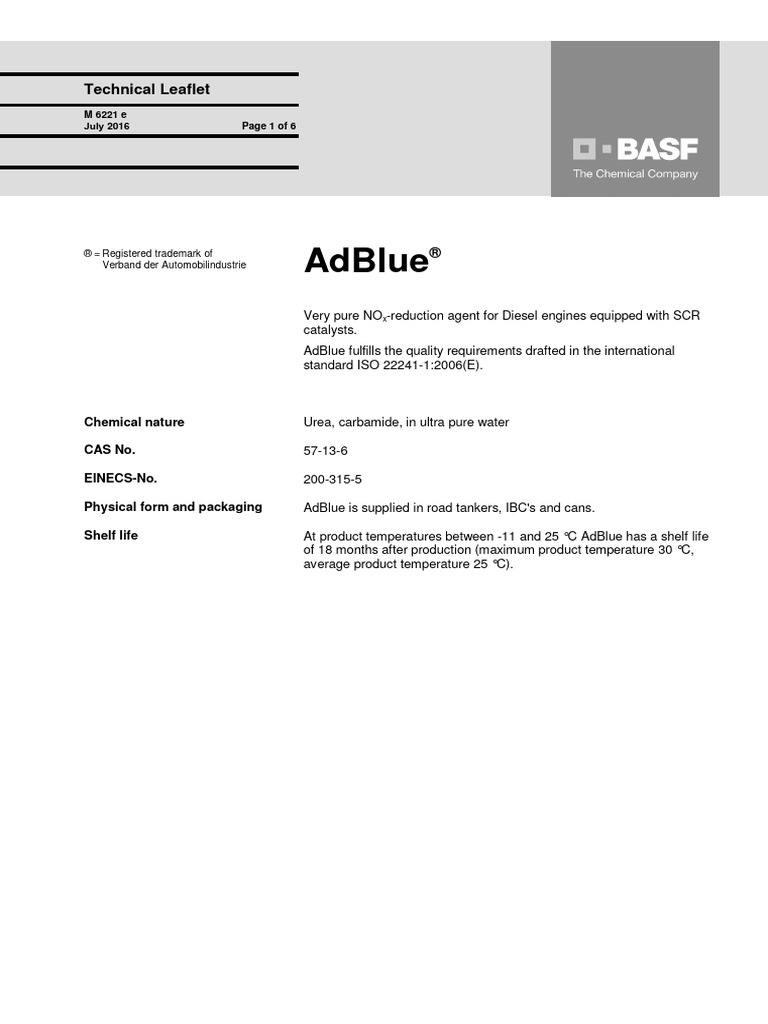 BASF Technical Leaflet AdBlue ENG July 2016 | PDF | Urea | Viscosity