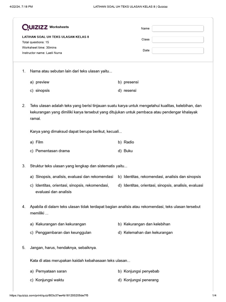 LATIHAN SOAL UH TEKS ULASAN KELAS 8 - Quizizz | PDF | Fiksi Umum