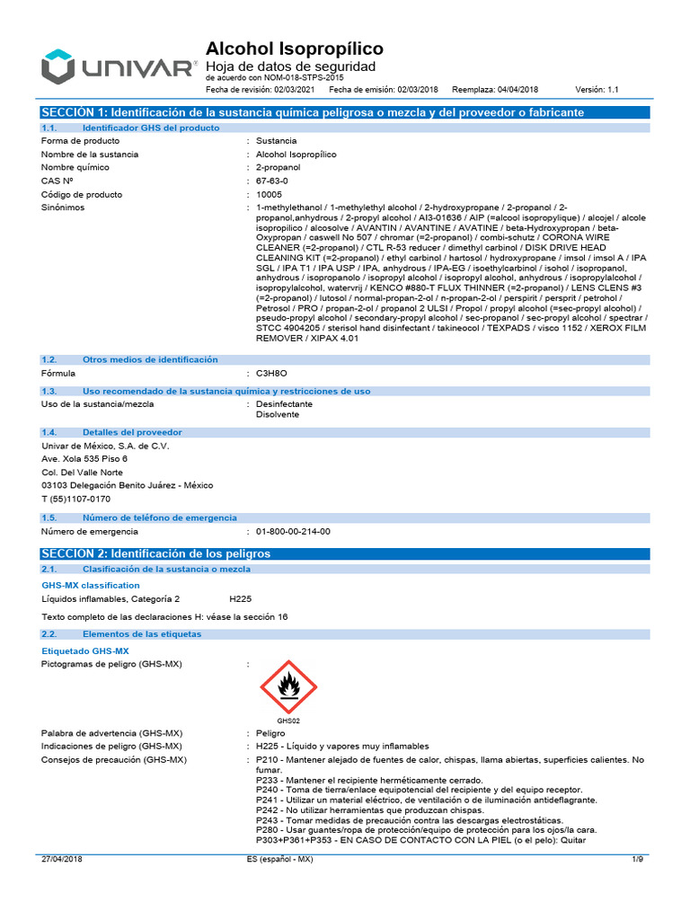 Alcohol Isopropílico (67!63!0) | PDF | Agua | Solubilidad