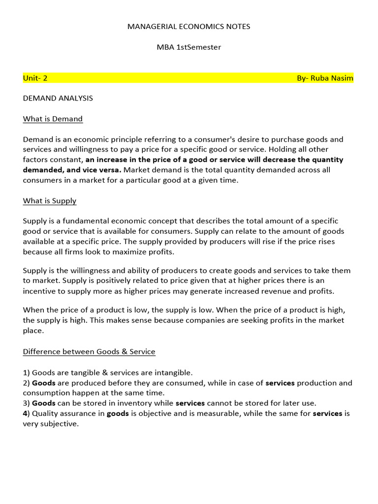 MANAGERIAL ECONOMICS NOTES MBA Unit-2 | PDF | Demand | Price Elasticity ...