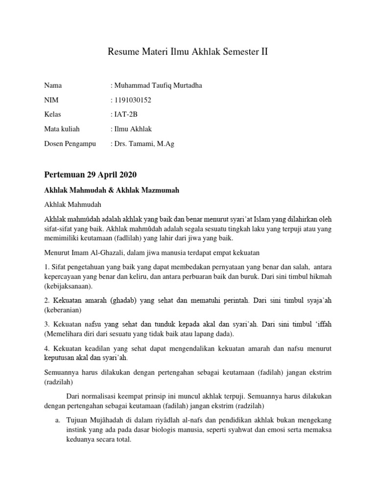 Resume Materi Ilmu Akhlak Semester II (M. Taufiq Murtadha IAT-2B) | PDF