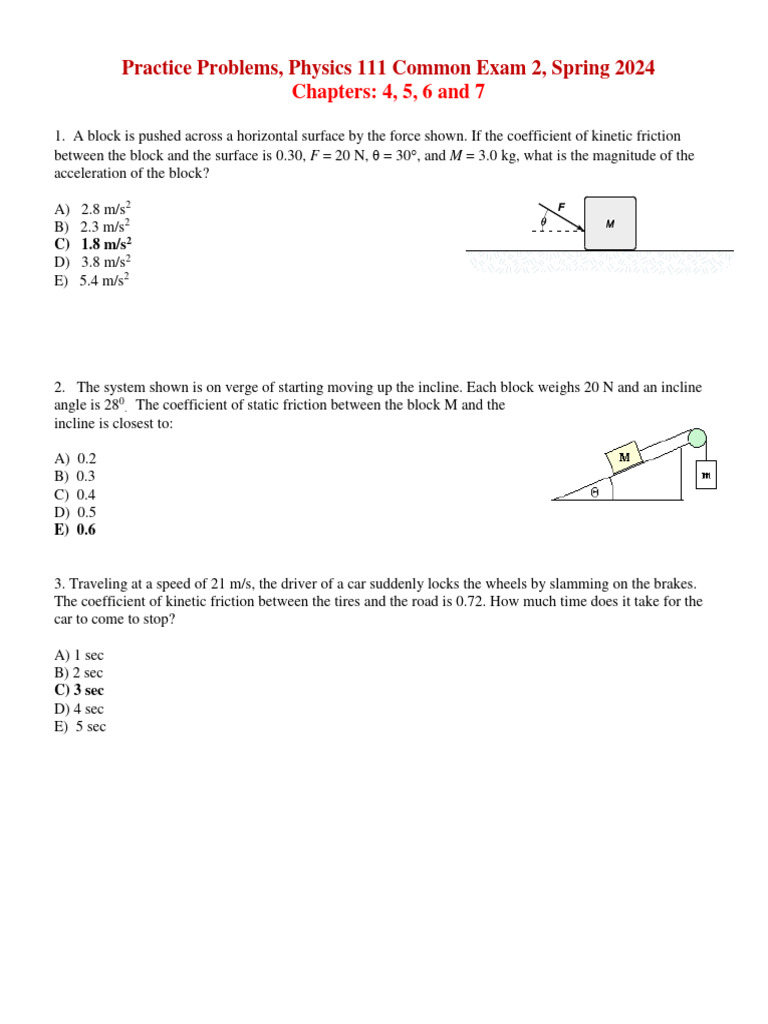 Practice Problems, Physics 111, Common Exam 2, Spring 2024 | PDF ...