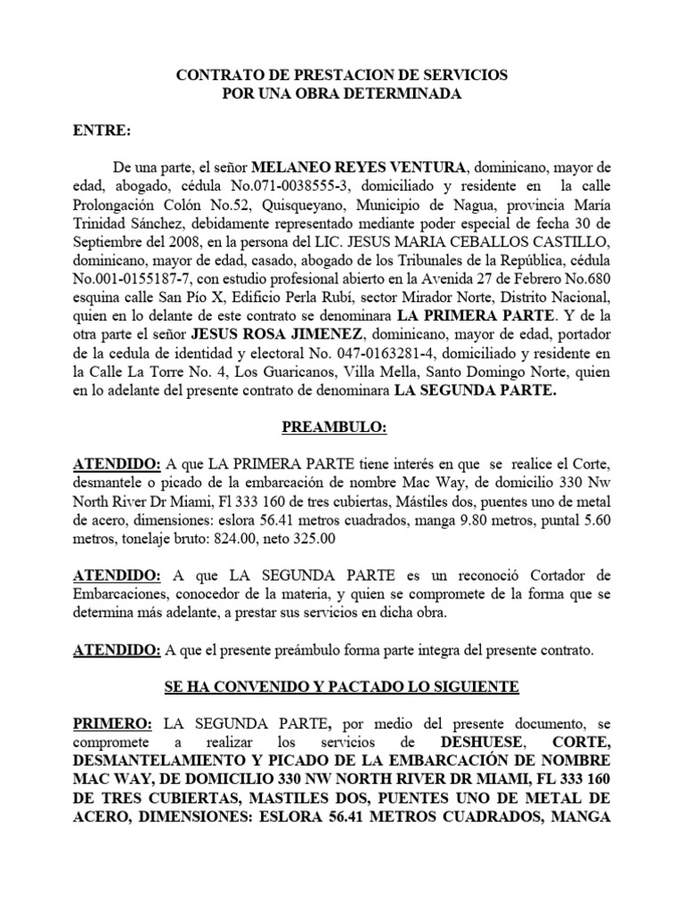 Contrato de Trabajo Por Obra Determinada. | PDF | República Dominicana | Salario