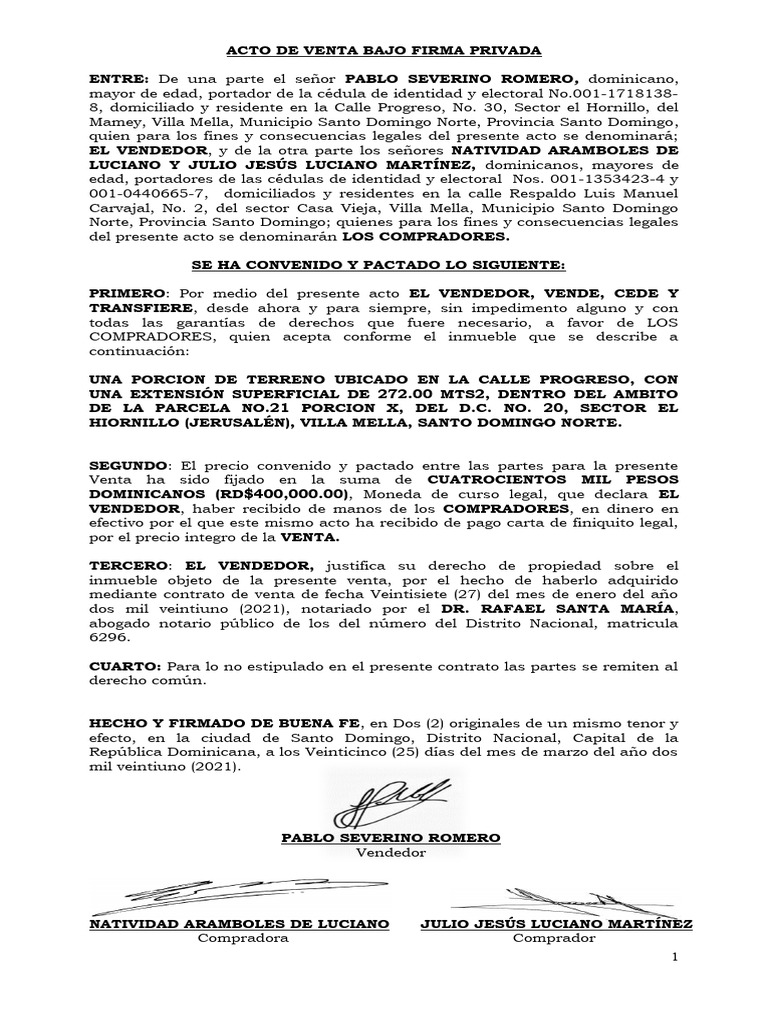 Contrato de Venta de Inmueble-Pablo Severino Romero, Natividad ...