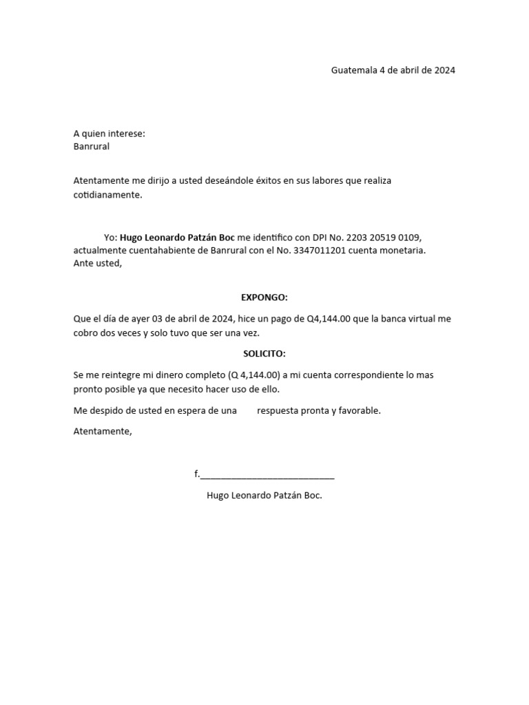 Carta de Reintegro | PDF