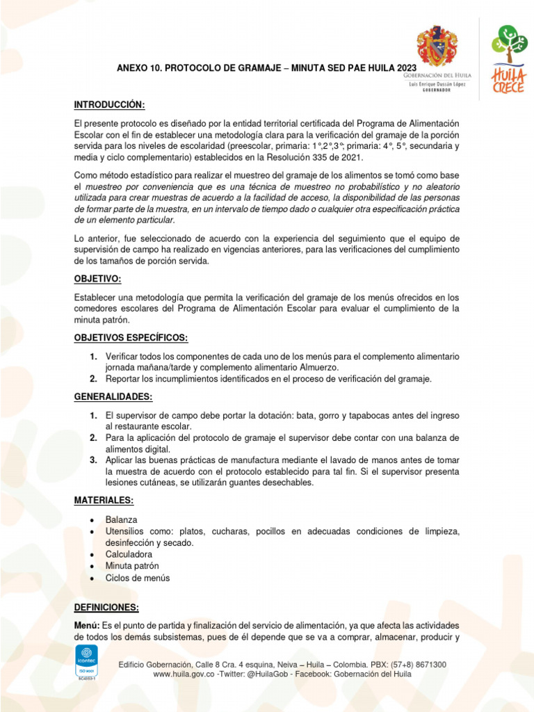 Protocolo Gramaje Menús Escolares 2023 | PDF | Muestreo (Estadísticas ...