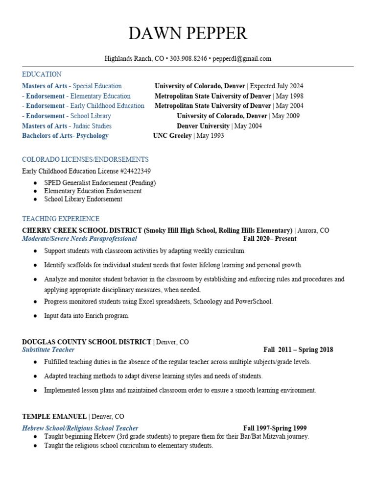 Dawn Pepper Resume Final 1 | PDF | Teachers | Schools