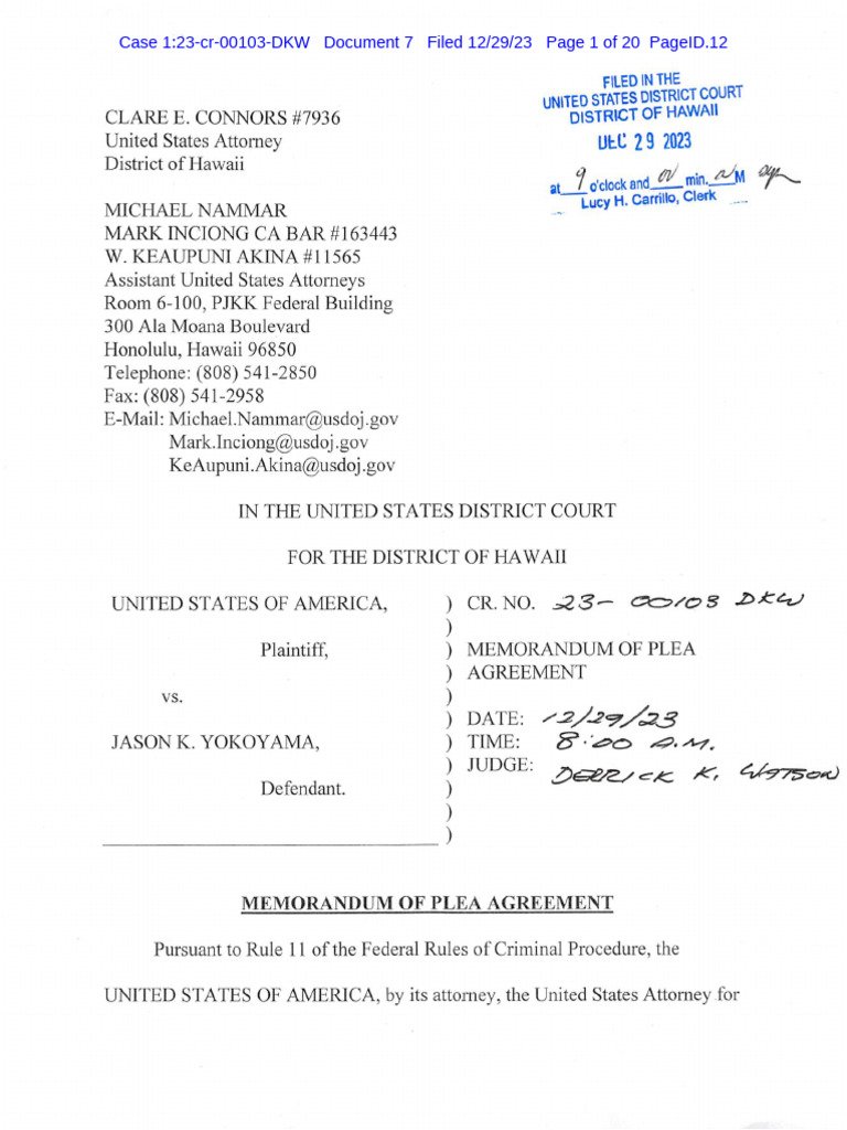 Jason Yokoyama Plea Agreement, December 29, 2023 | PDF | Plea | Prosecutor