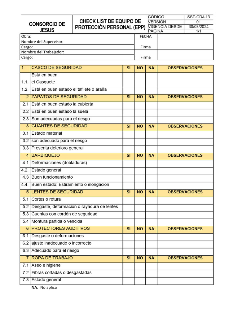 Check List de Equipo de Protección Personal | PDF Check List de Equipo de Protección Personal | PDF