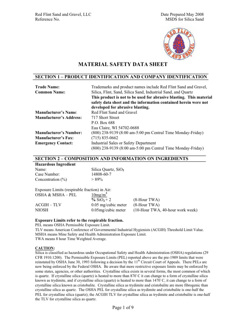 Silica (MSDS) | PDF | Silicon Dioxide | Hazardous Waste