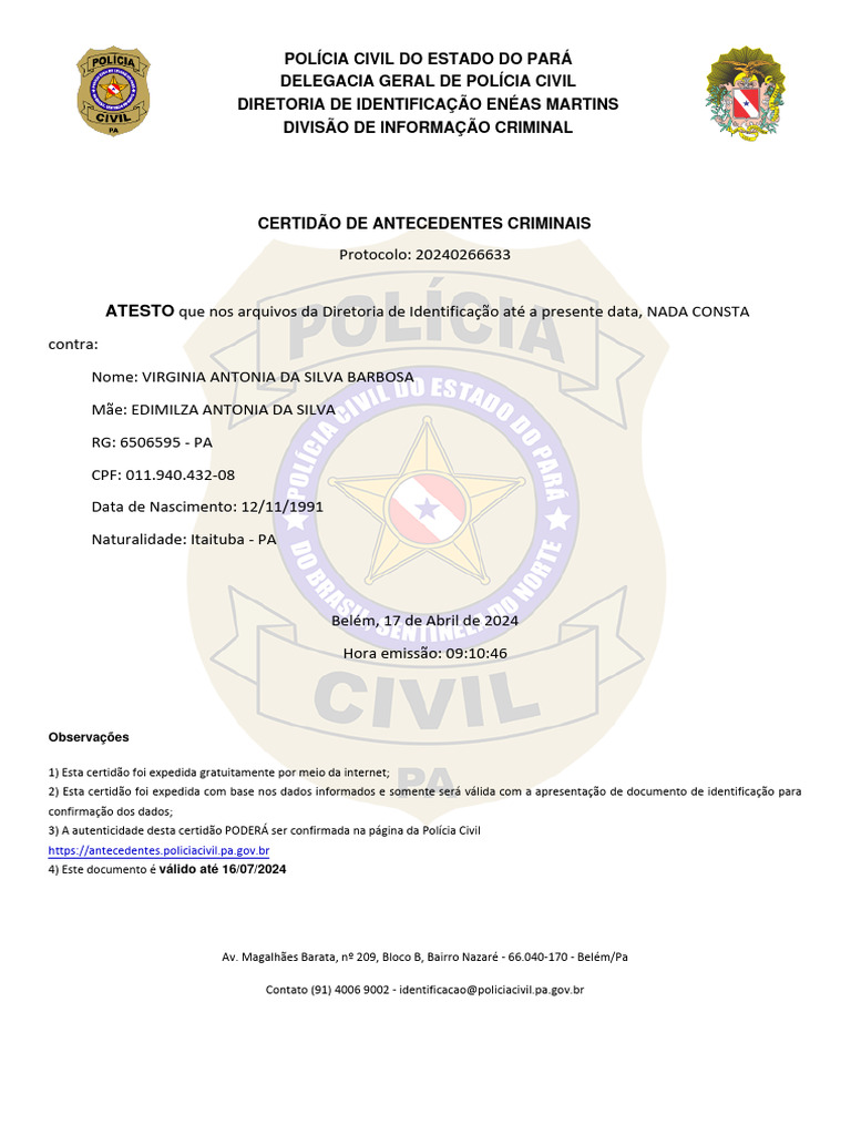 Certidão de Antecedentes Criminais - PA | PDF
