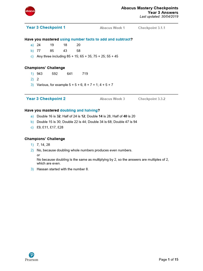 Year 3 Abacus Mastery Checkpoints | PDF | Weight | Mathematics