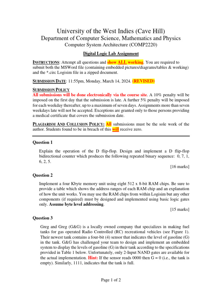 Digital Logic Lab Assignment | PDF | Random Access Memory | Logic Gate