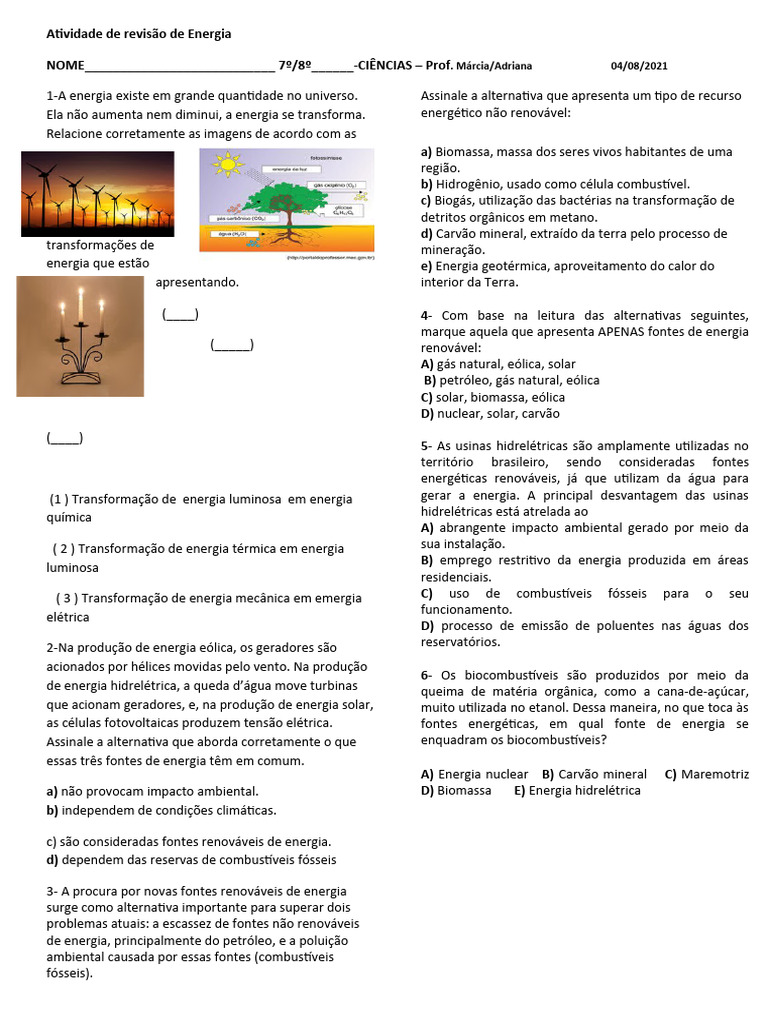 Atividade - Tipos de Energia | PDF | Energia renovável | Energia eólica