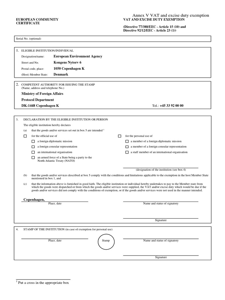 AnnexV-EC VAT and Excise Duty Exemption Certificate | PDF | Value Added Tax