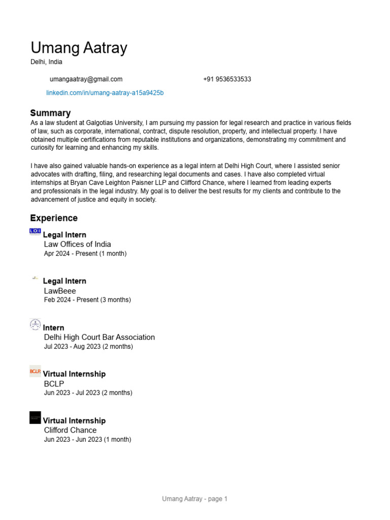 Resume Umang Aatray Updated | PDF | Internship | Job Hunting