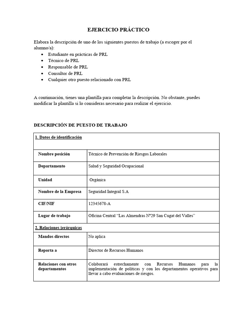 Ejercicio Práctico. ADPT PRL | PDF | Gestión de recursos humanos | Seguridad y salud ocupacional