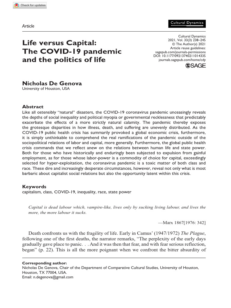 De Genova 2021 Life Versus Capital The Covid 19 Pandemic and The ...