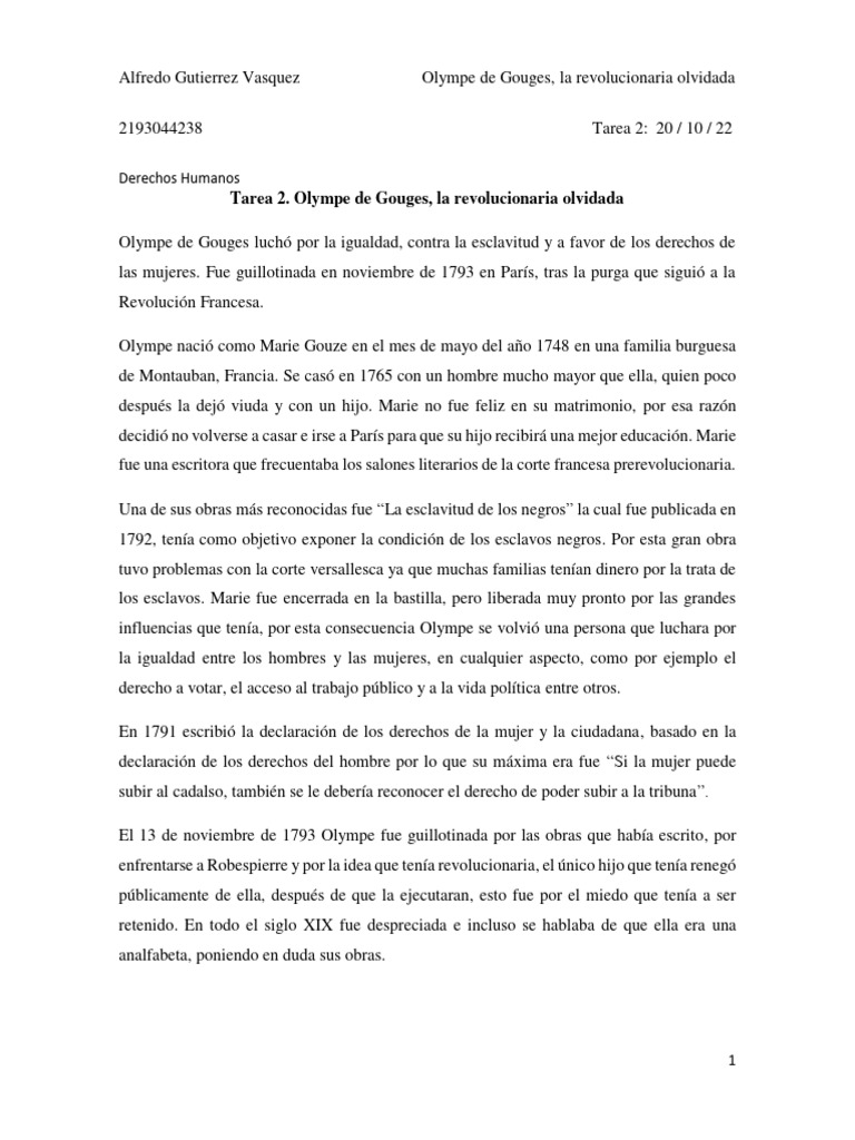 Olympe de Gouges: Pionera de Igualdad | PDF | Derechos humanos | Justicia