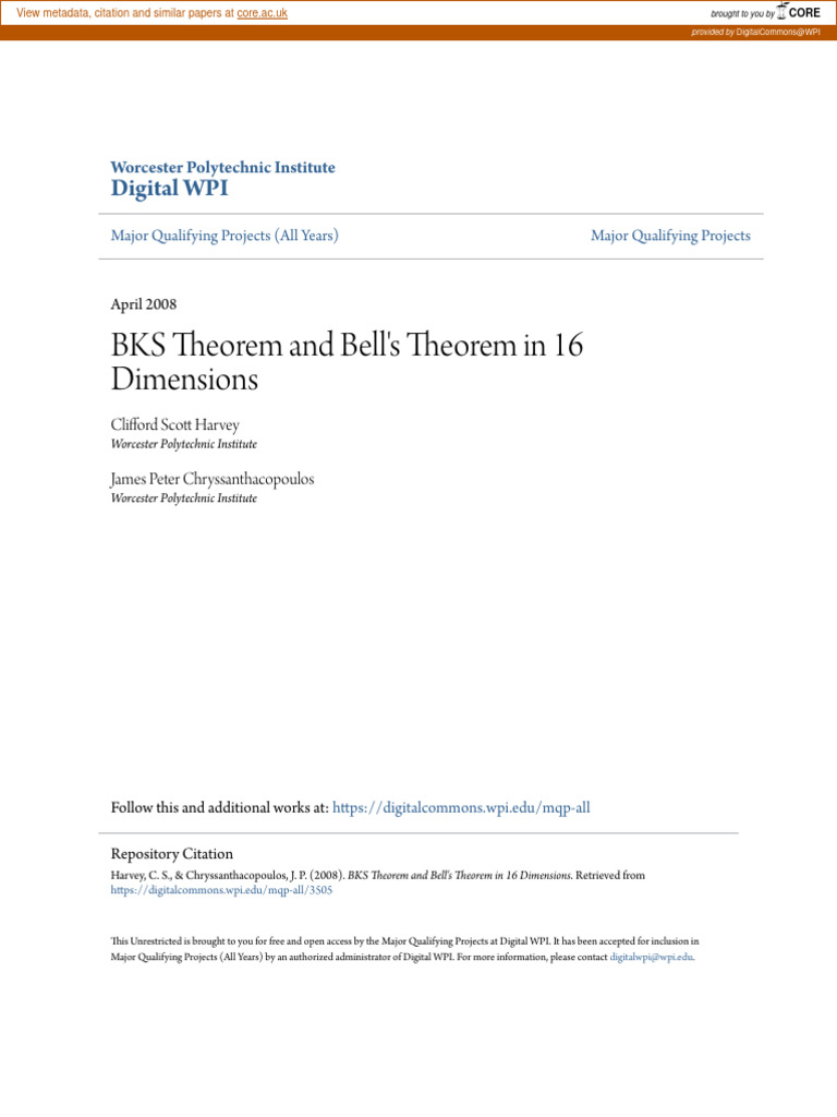 BKS Theorem and Bell's Theorem in 16 Dimensions: Digital WPI | PDF | Quantum Entanglement ...