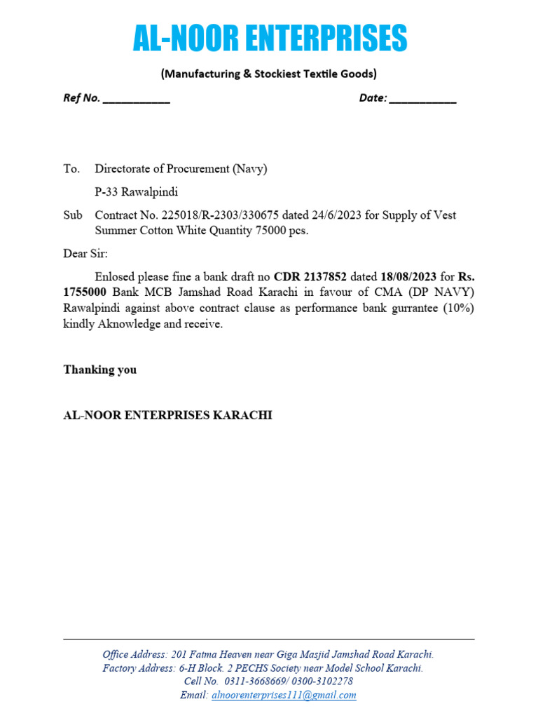 Al-Noor Enterprises Contract Acknowledgment | PDF