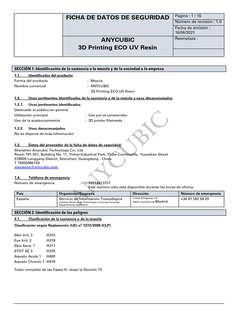 ES SDS 3D Printing ECO UV Resin SDS SGS GHS ANNEXII CLP 2021616 SGS ...