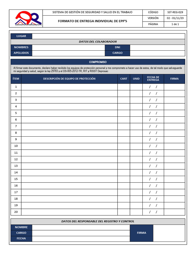 SST-REG-029 Registro de Entrega de EPP S | PDF | Documento de identidad