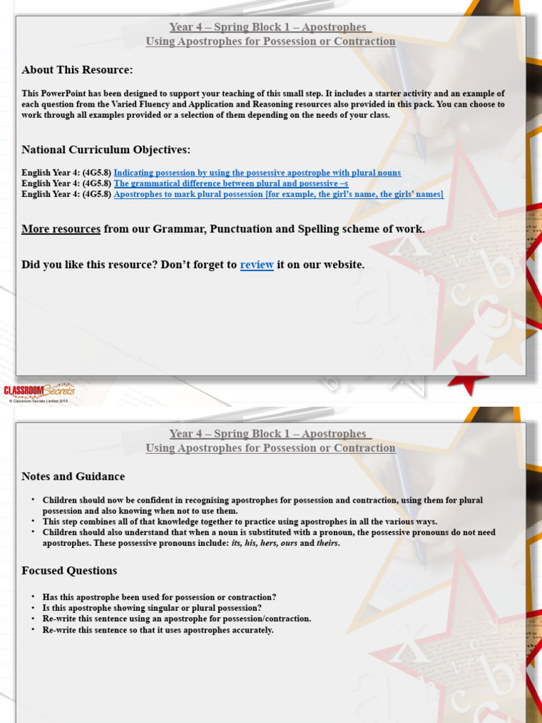 Gps Year 4 Spring Block 1 Step 4 PPT Using Apostrophes For Possession ...