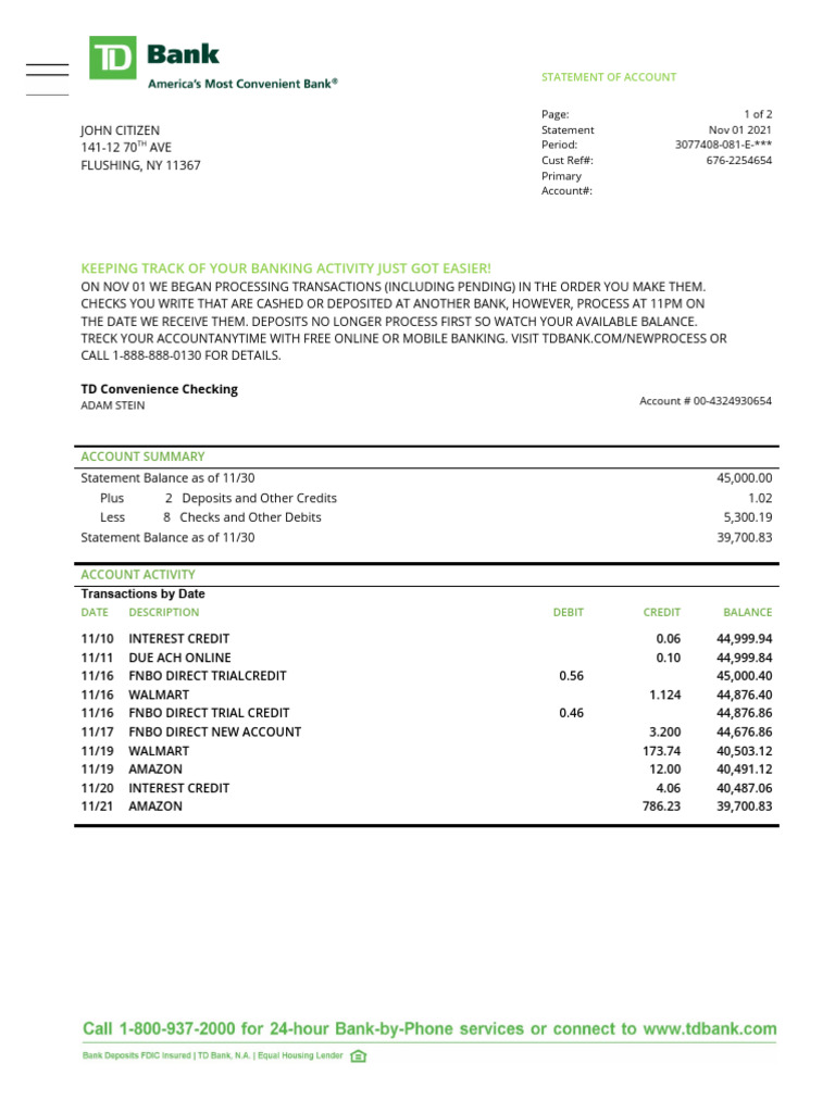 USA TD Bank Statement | PDF | Banks | Deposit Account