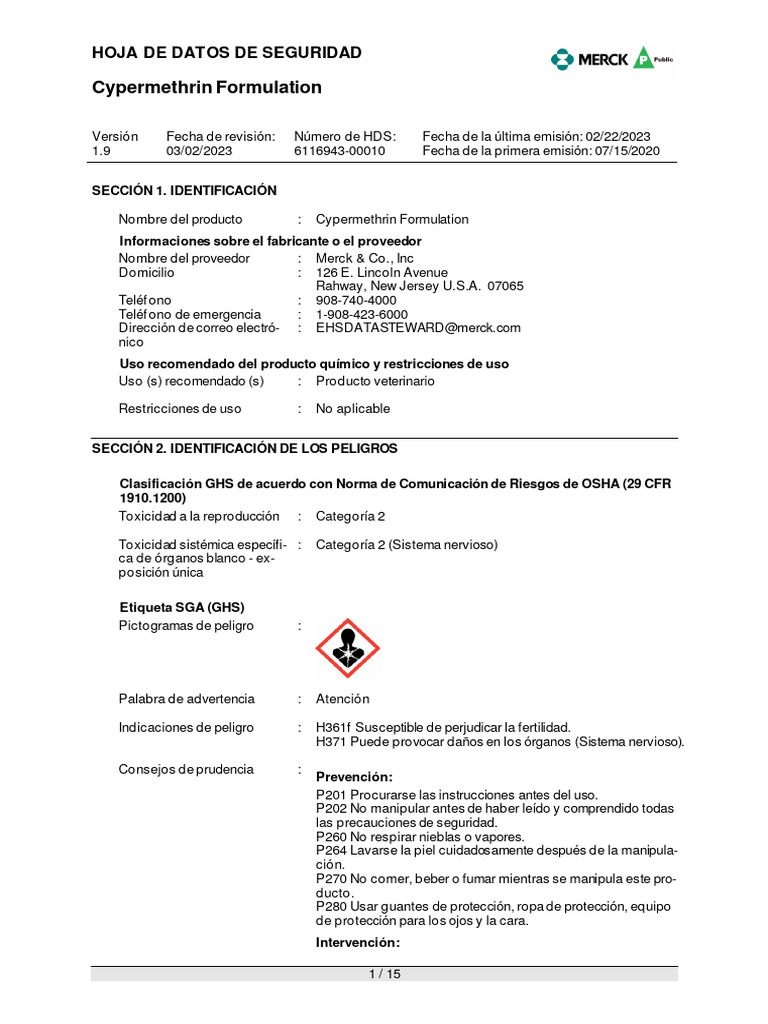 Product - Safety-Data-Sheets - Ah-Sds - Cypermethrin Formulation - AH - US - 1X | PDF