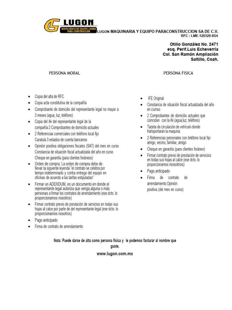 Requisitos de Renta Equipos Lugon | PDF