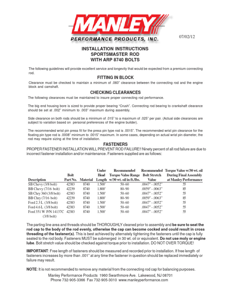 Manley Rod-Sportsmaster Torque Spec | Download Free PDF | Vehicle Parts ...