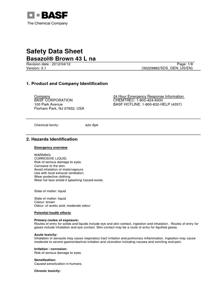 MSDS Basazol Brown 43L | PDF | Toxicity | Dangerous Goods