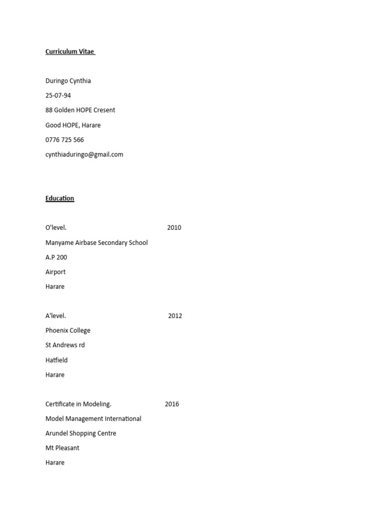 Curriculum Vitae For Cynthia Duringo | PDF
