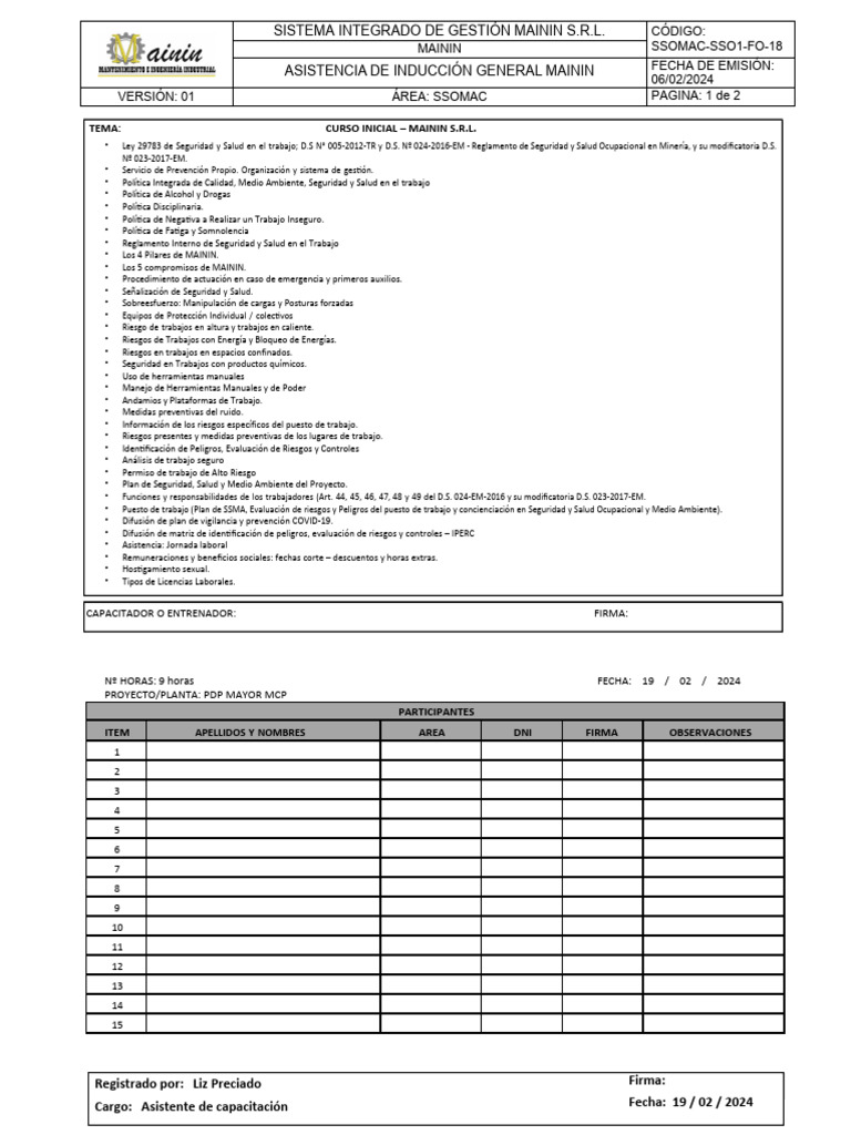 Anexo 4 y Formato de Asistencia de Induccion General MCP V1 - PDP Feb 2024 | PDF | Seguridad y ...