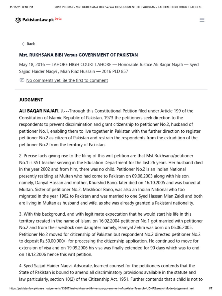 2016 PLD 857 - Mst. Rukhsana Bibi Versus Government of Pakistan - Lahore High Court Lahore | PDF ...