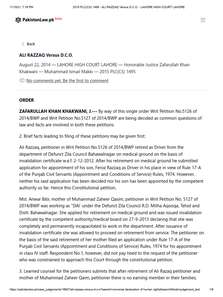 2015 PLC (CS) 1495 - Ali Razzaq Versus D.C.O. - Lahore High Court Lahore | PDF | Citizenship ...