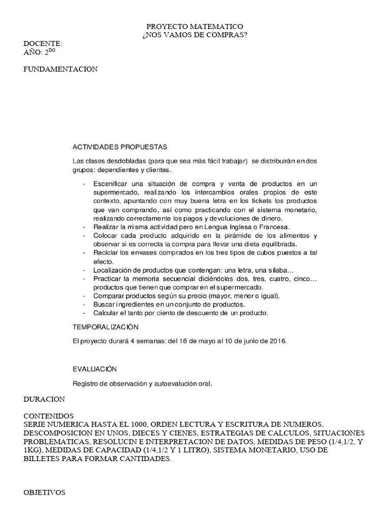 Proyecto Vamos Al Supermercado | PDF | Supermercado | Educación primaria
