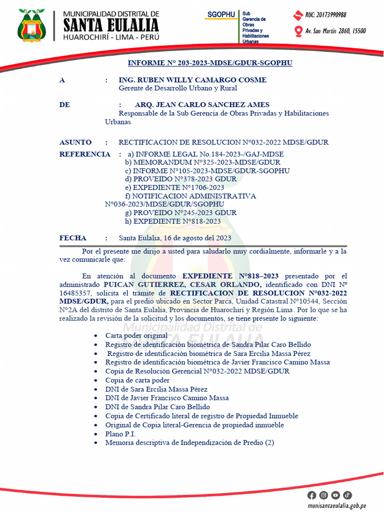 Rectificación Resolución Predial Santa Eulalia | PDF | Documento de identidad | Información del ...