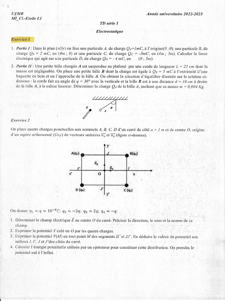 TD Electrostatique PC1 2023-2024 Compressed | PDF | Électrostatique | Champ électrique