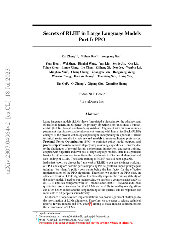 Secrets of RLHF in Large Language Models Part I: Ppo: Fudan NLP Group Bytedance Inc | PDF | Mean ...