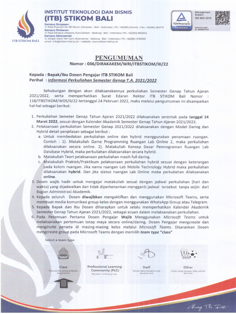 Informasi Perkuliahan Semester Genap 2021-2022 Untuk Dosen | PDF