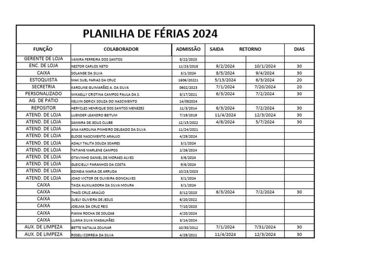 Planilha de Férias 2024 Excel | PDF