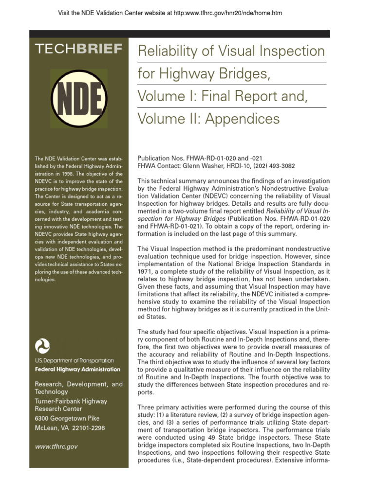 Reliability of Visual Inspection For Highway Bridges, Volume I: Final ...