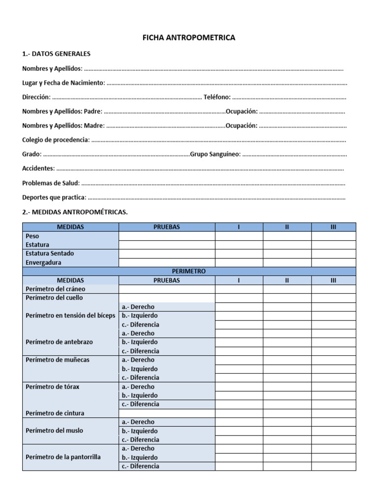 Ficha Antropometrica-2021-1° Prof. Damiana | PDF